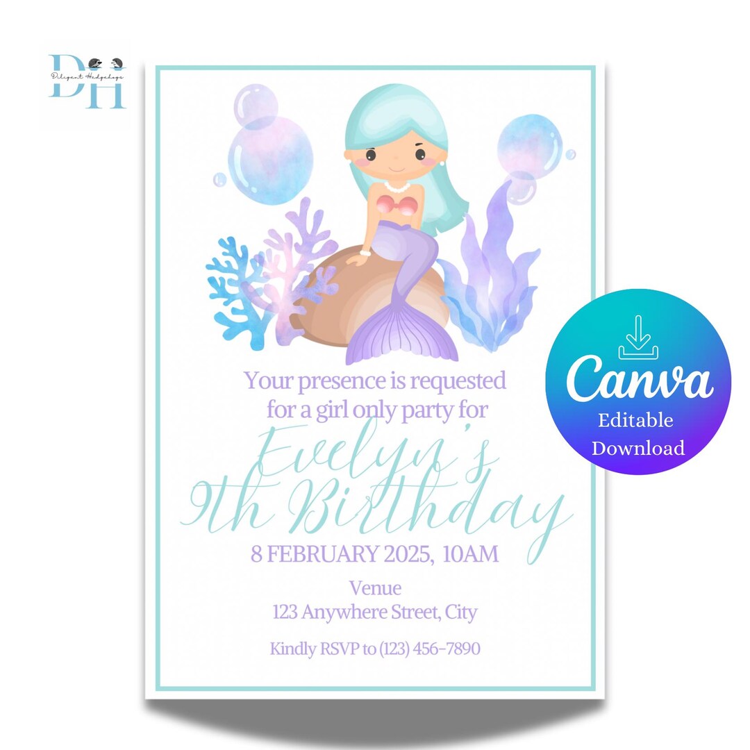 Mermaid Birthday Invitation, Canva Template - Etsy