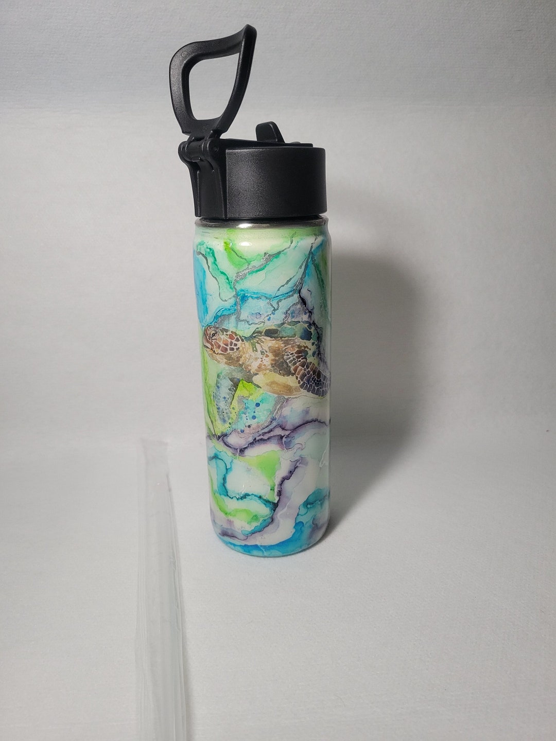 Hand Painted Sea Turtle Tumbler, Faux Marble Epoxy Water Bottle, 20 Oz ...