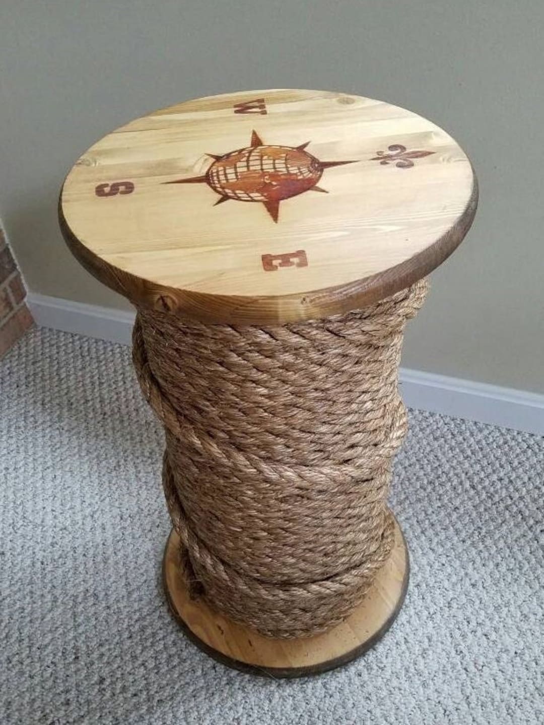 Rope Table, Nautical Rope and Wood Accent Table Compass Rose Table Top ...
