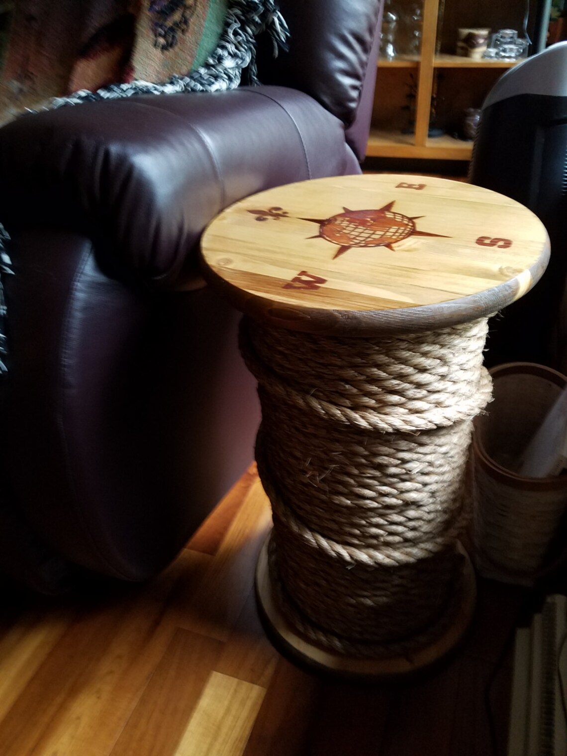 Rope Table, Nautical Rope and Wood Accent Table Compass Rose Table Top ...