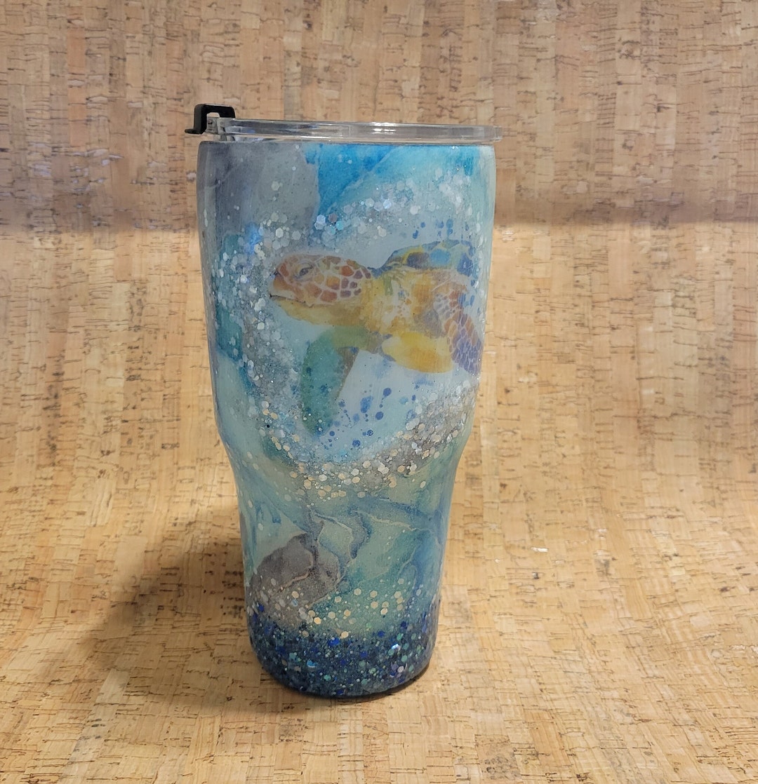 Sea Turtle 30 Oz. Tumbler Hand Painted Faux Marble - Sea Turtle Glitter ...
