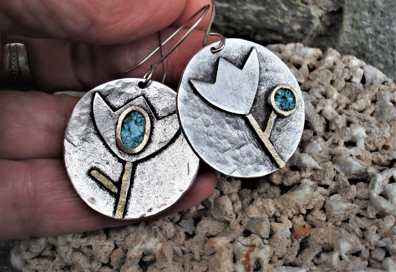 Metalwork Disc Earrings Asymmetrical Tulip Earrings Hammered - Etsy