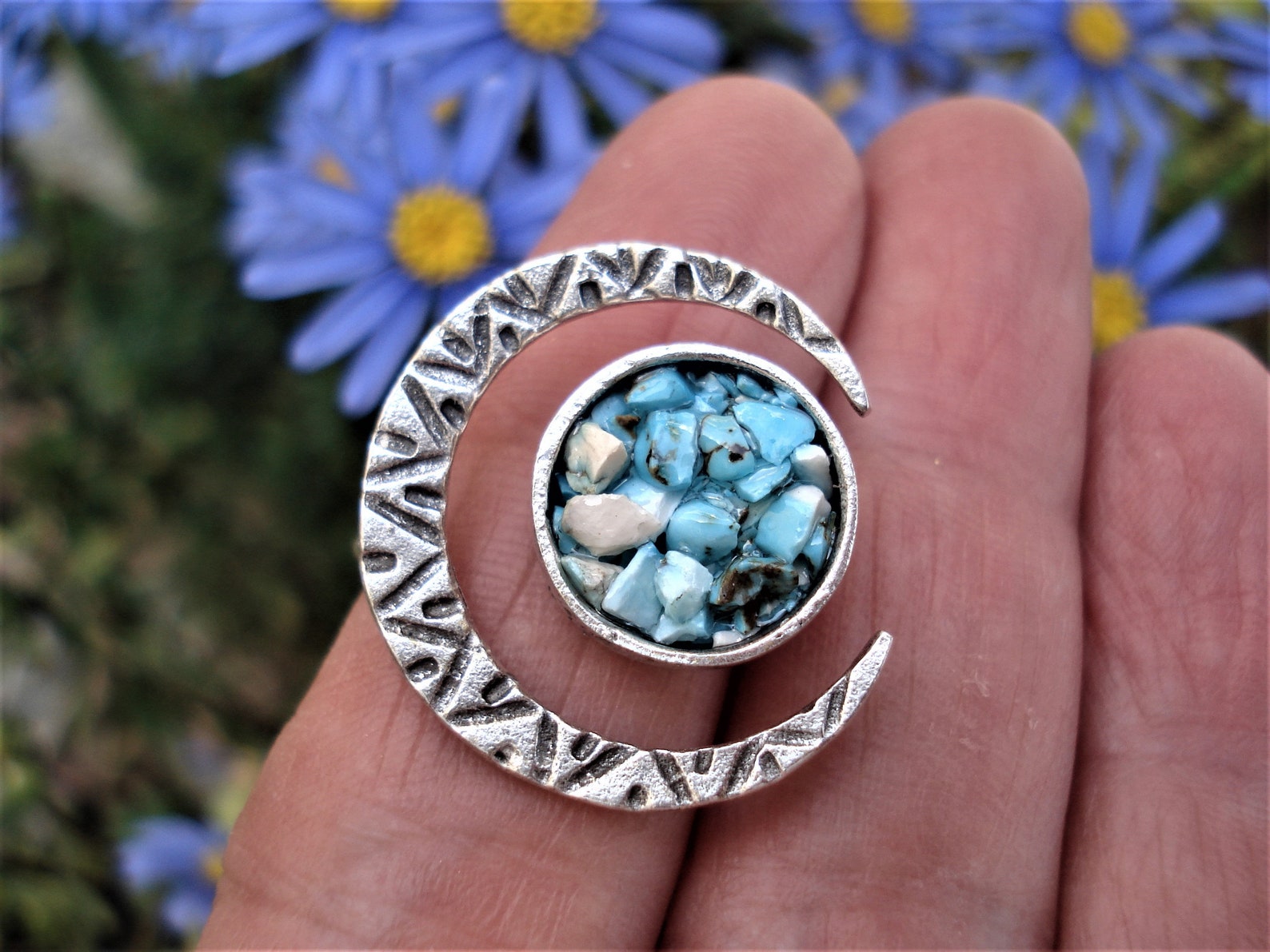 Hammered Silver Moon Phases Ring With Raw Turquoise Stones - Etsy