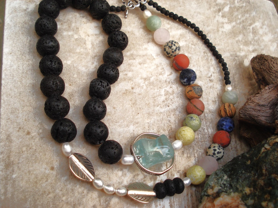 Black Lava Necklace Santorini Lava and Colorful Picasso Agates Necklace ...