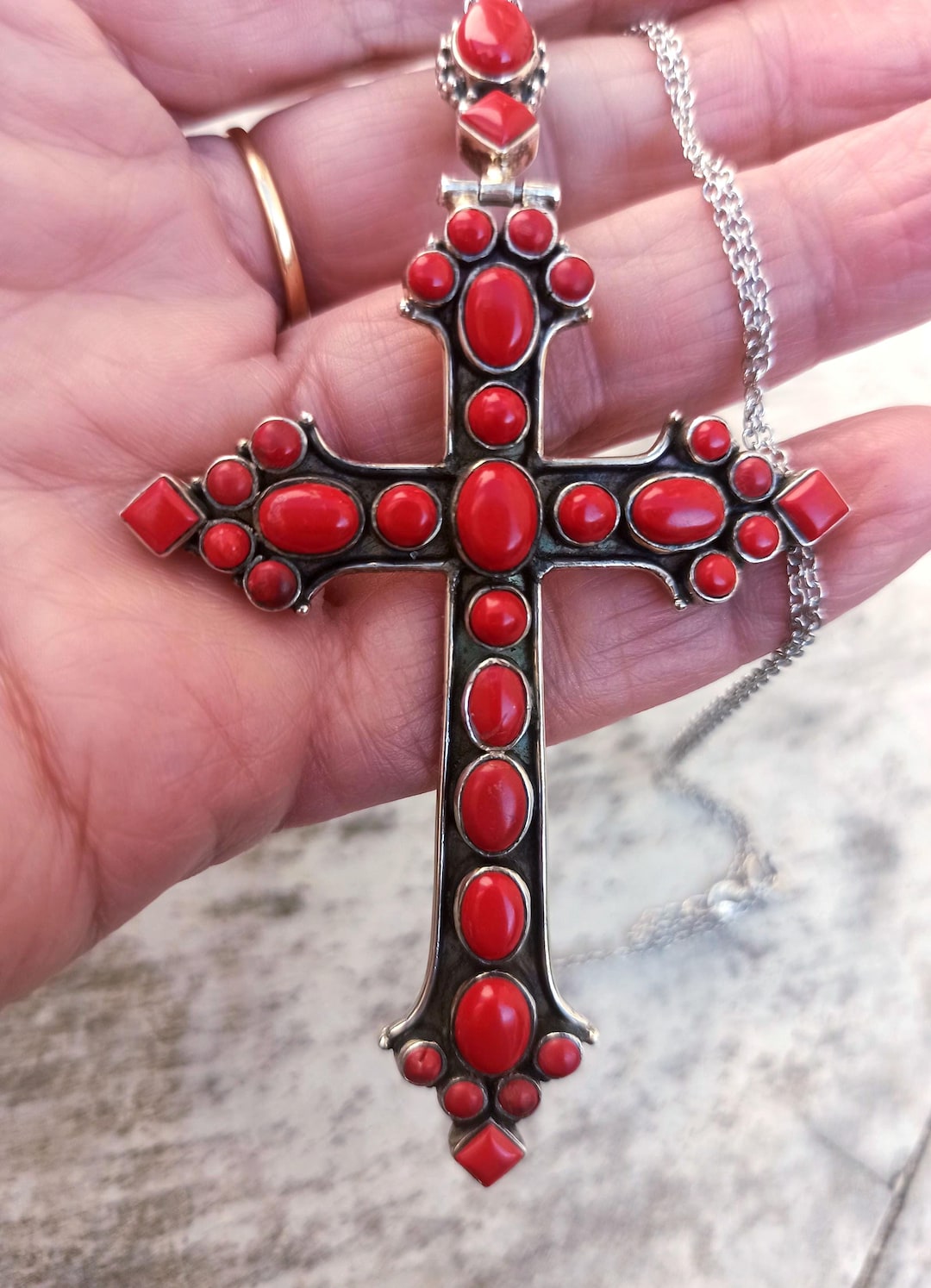 Large Natural Coral Cross Huge Cross Pendant Set in Sterling Silver 925 ...