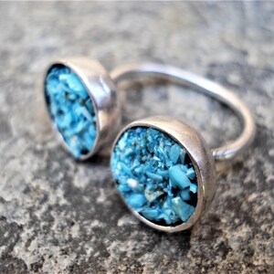 Hammered and Oxidized Silver With Turquoise Raw Stones Unique Ring Modern Statement Double Bezel ...
