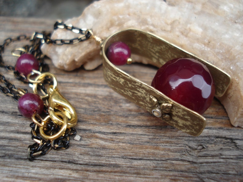 Hammered Bronze Ruby Agate Hoop Pendant Riveted Modern | Etsy