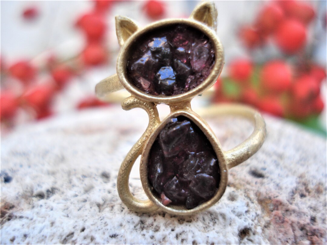 Cat Bronze Ring Cat Bezels With Raw Red Agates Stones Unique Ring ...
