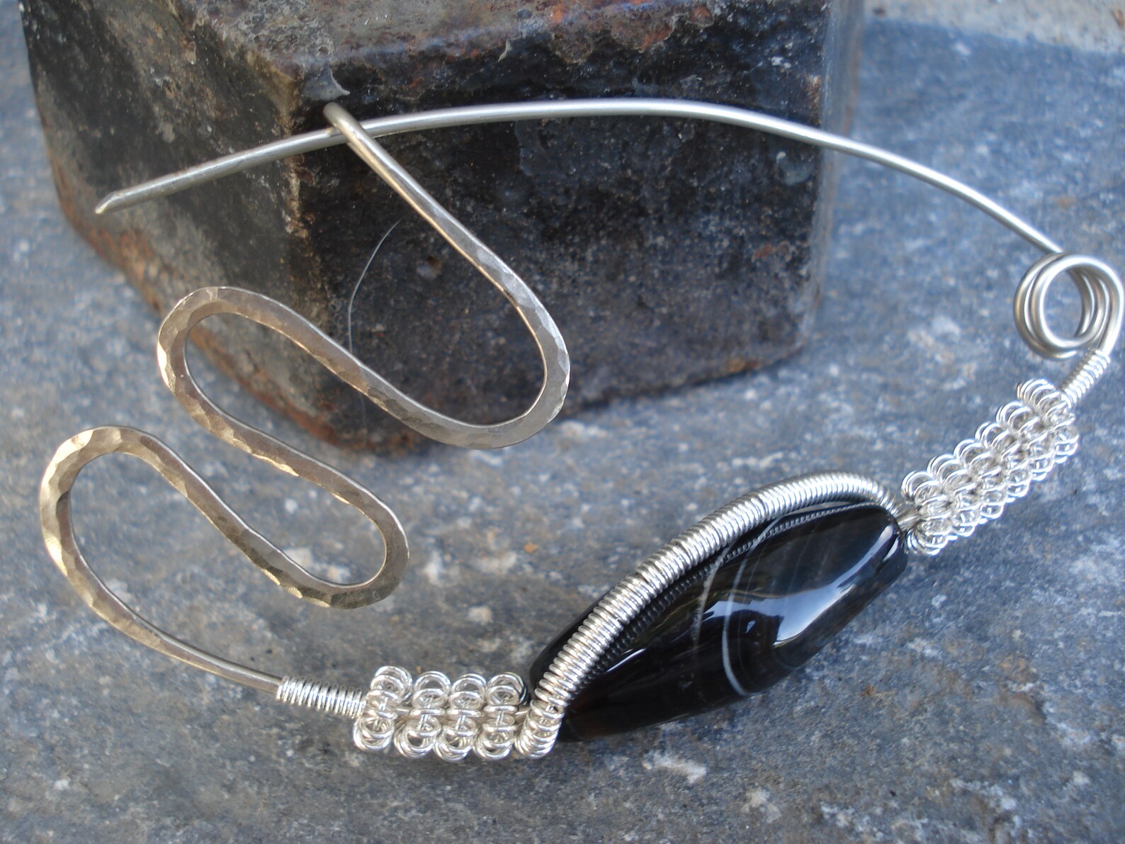 Shawl Pin Hammered Silver Wire Big Pin Black Agate Scarf | Etsy