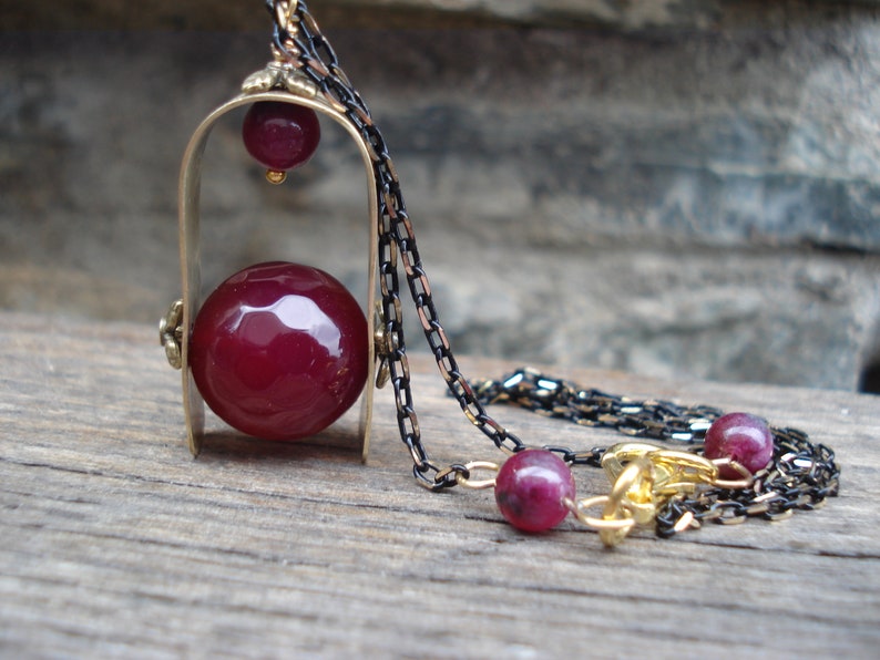 Hammered Bronze Ruby Agate Hoop Pendant Riveted Modern | Etsy