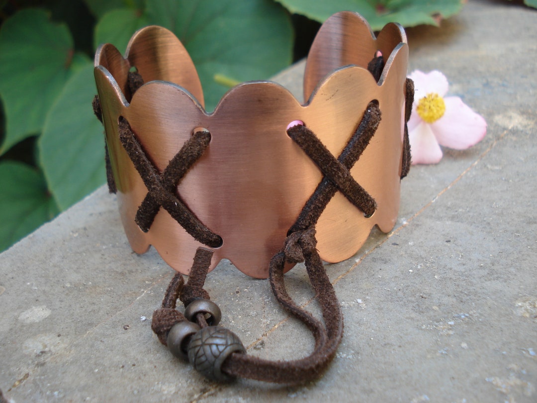 Unique Wide Band Copper Bracelet Cut Out Cuff With Leather Wrapped ...