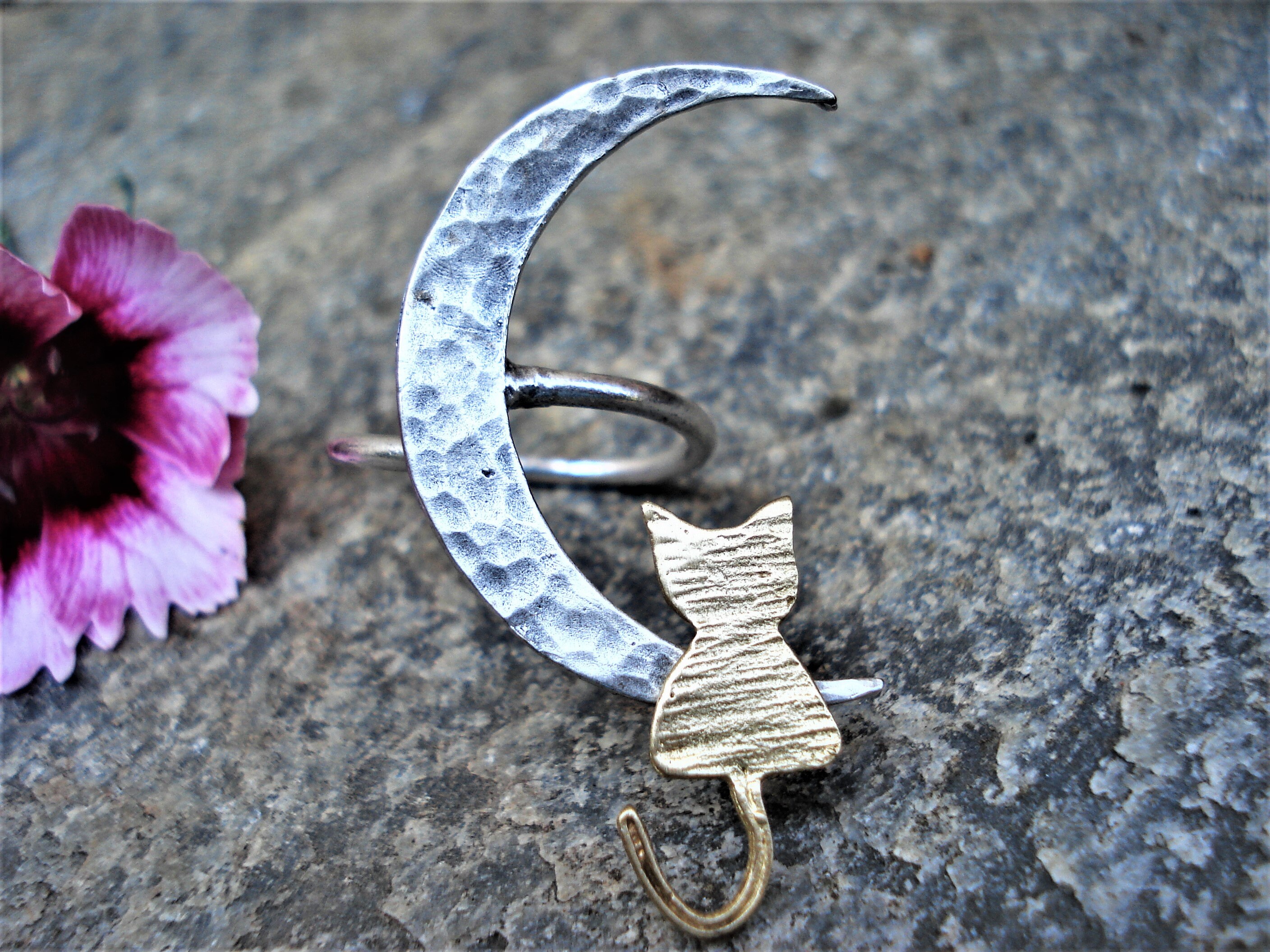 Celestial Mixed Metal Crescent Ring with Cat Soldered on it | Etsy