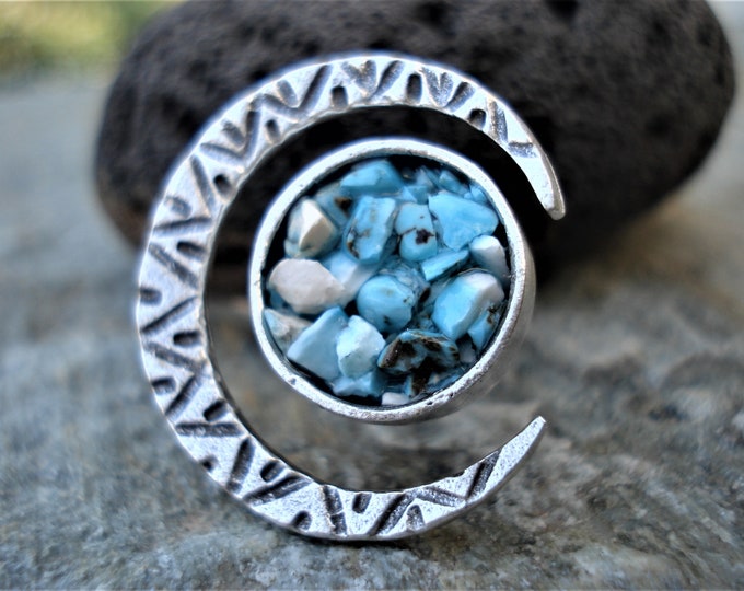 Hammered Silver Moon Phases Ring With Raw Turquoise Stones Unique ...