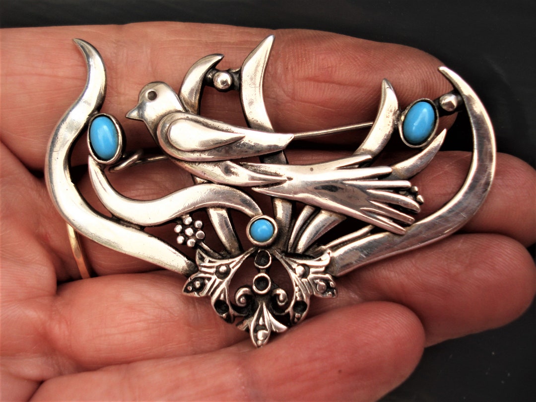 Vintage 950 Sterling Silver Signed Oxidized Brooch With Turquoise ...
