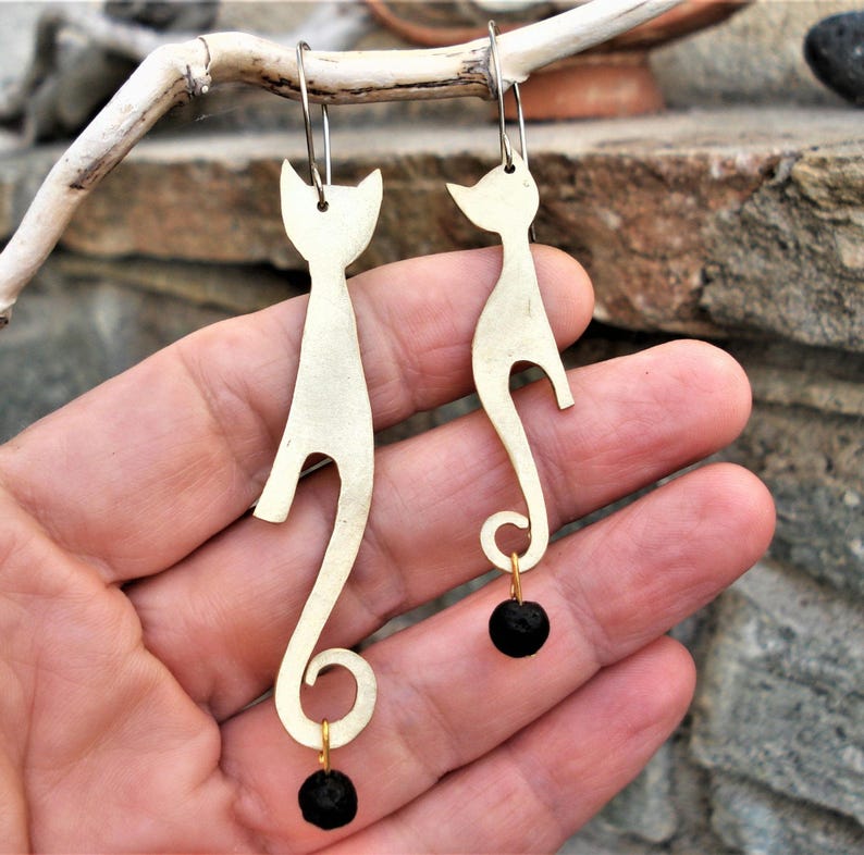 Cat Asymmetrical Earrings Cut Out Hammered Bronze Earrings Unique ...