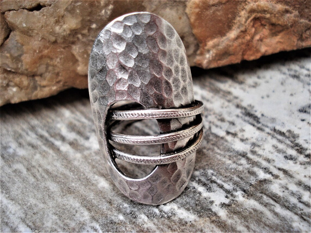 Hammered Silver Cuff Ring Unique Modern Statement Ring Adjustable Three ...