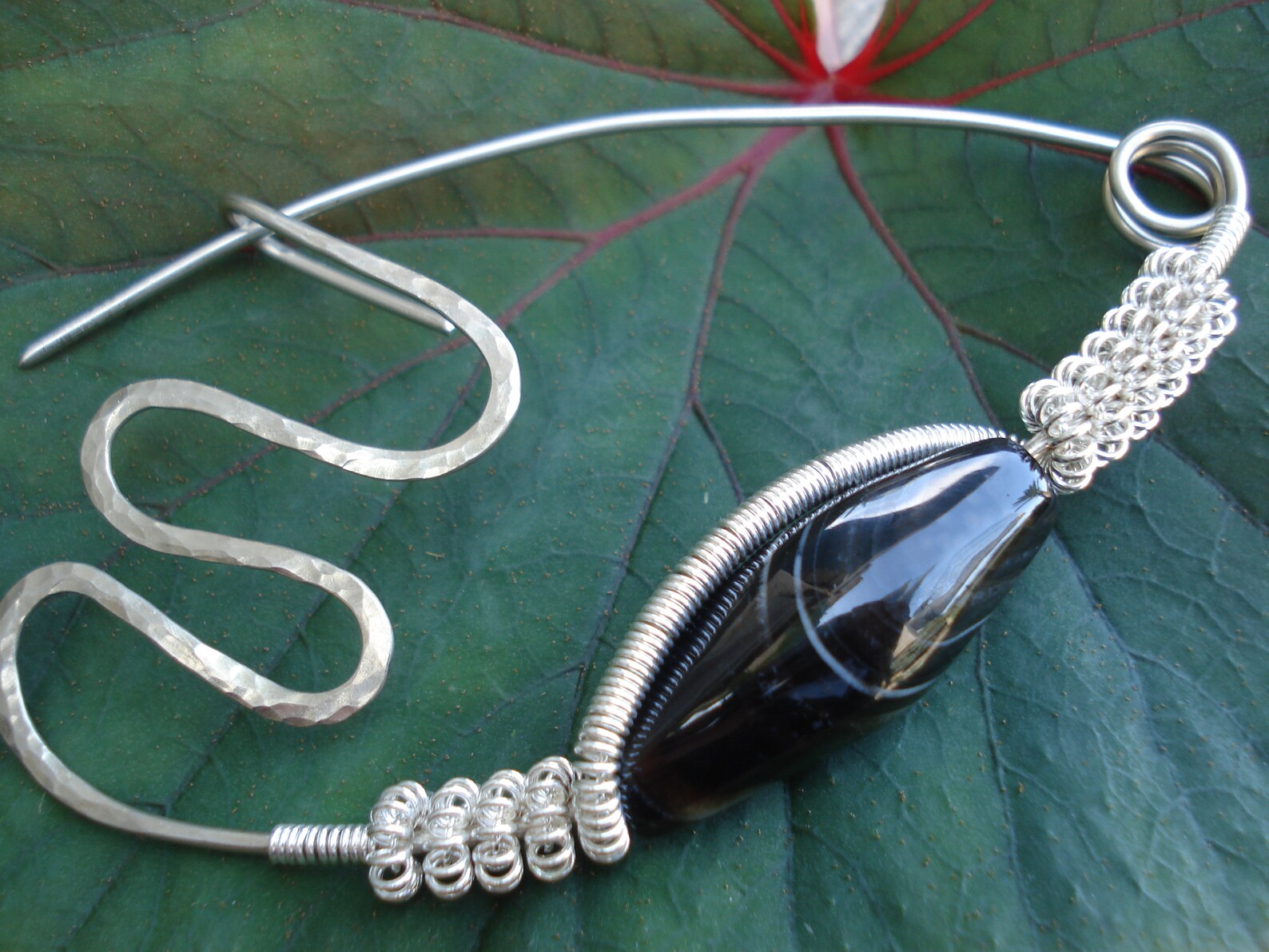 Shawl Pin Hammered Silver Wire Big Pin Black Agate Scarf | Etsy