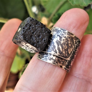 Santorini Lava Stone Riveted Ring Oxidized Hammered Silver Ring ...