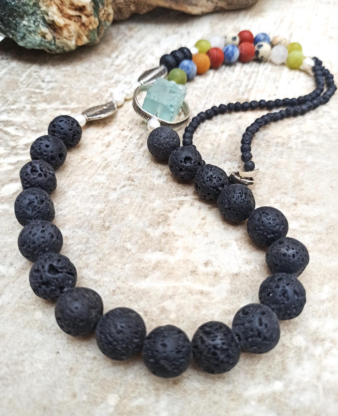 Black Lava Necklace Santorini Lava and Colorful Picasso Agates Necklace ...