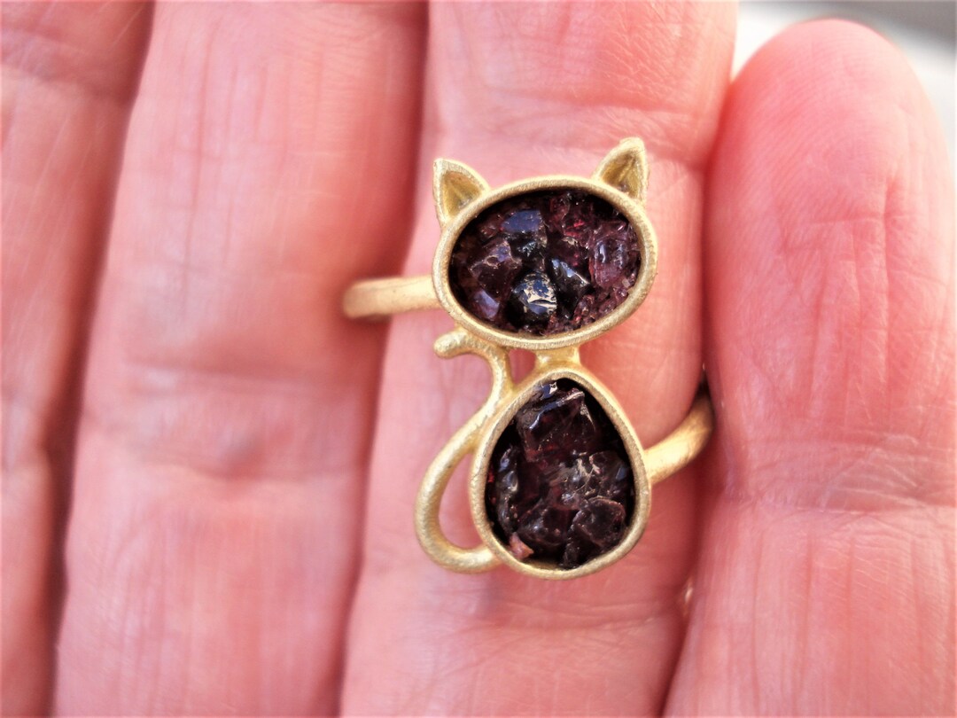 Cat Bronze Ring Cat Bezels With Raw Red Agates Stones Unique - Etsy