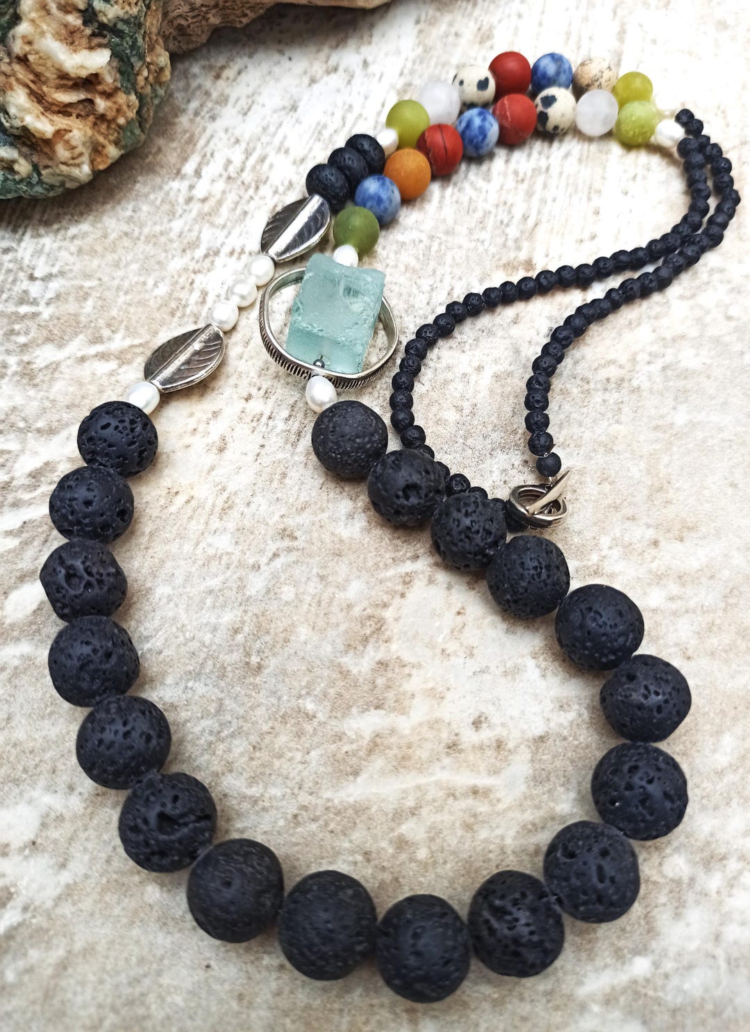 Black Lava Necklace Santorini Lava and Colorful Picasso Agates Necklace ...