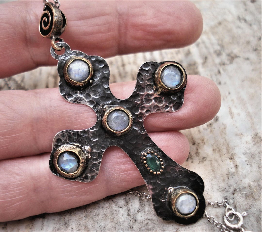Mixed Metals Cross Labradorite and Emerald Sterling Silver 925 Pendant ...