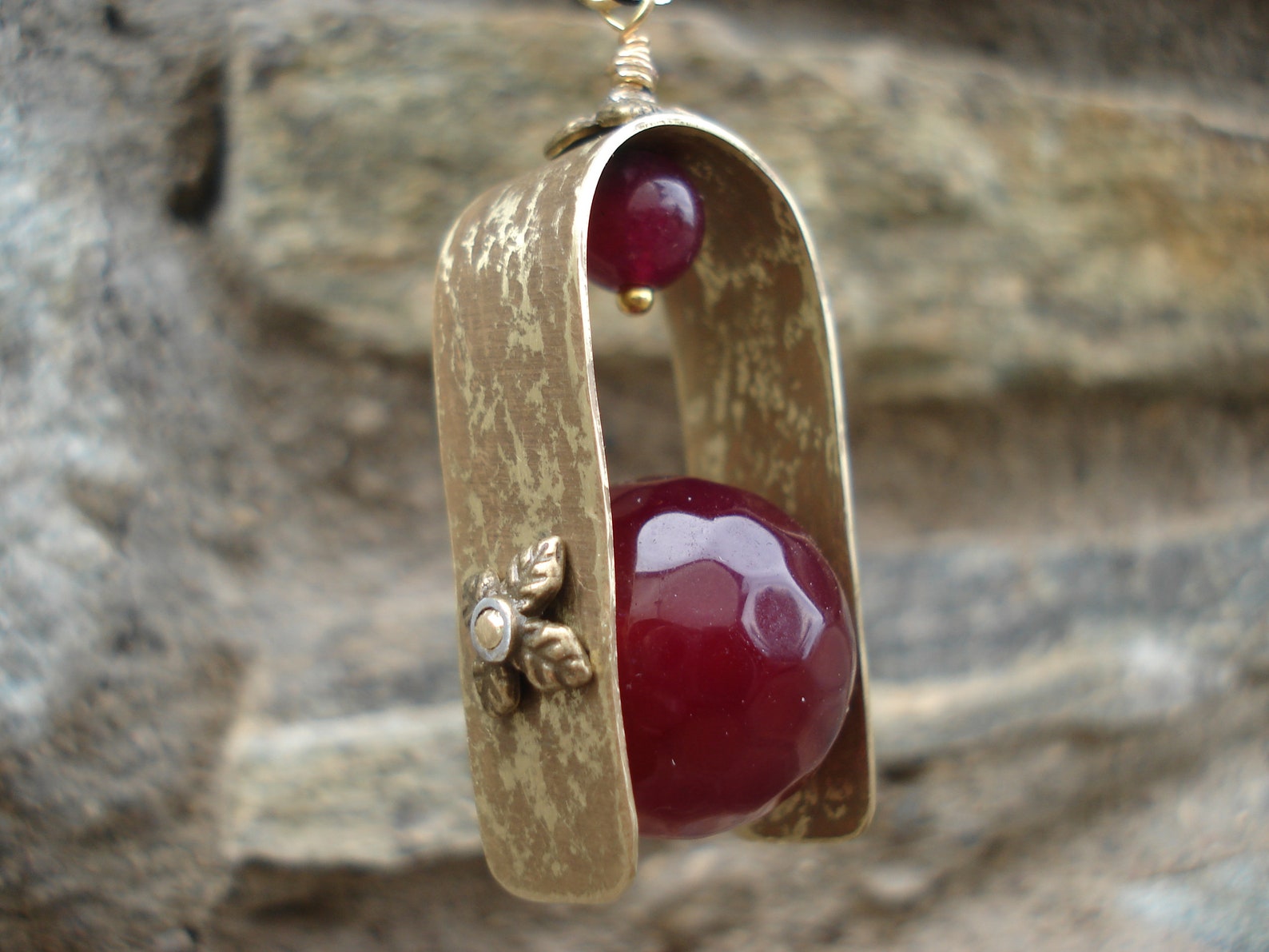 Hammered Bronze Ruby Agate Hoop Pendant Riveted Modern | Etsy