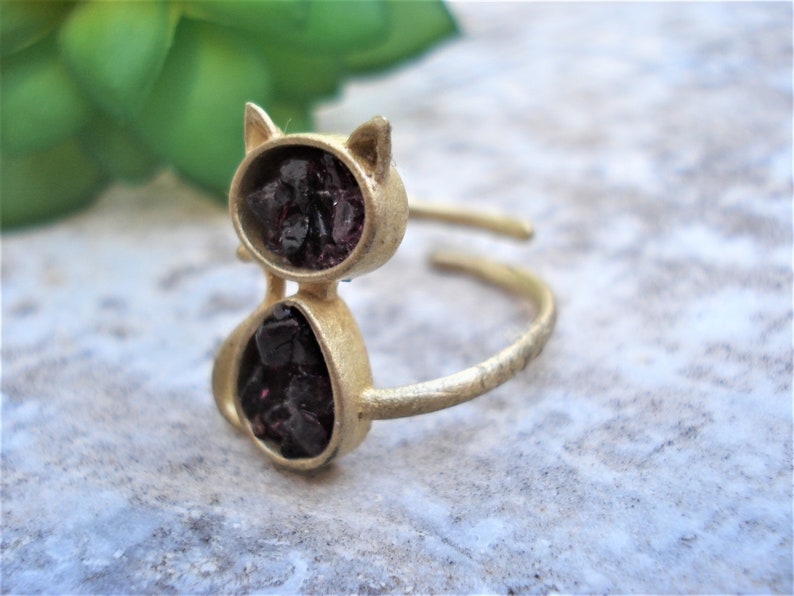 Cat Bronze Ring Cat Bezels With Raw Red Agates Stones Unique Ring ...