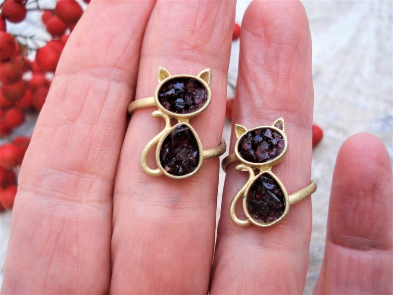 Cat Bronze Ring Cat Bezels With Raw Red Agates Stones Unique Ring ...