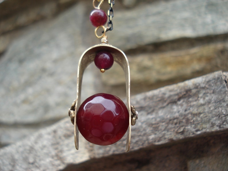 Hammered Bronze Ruby Agate Hoop Pendant Riveted Modern | Etsy