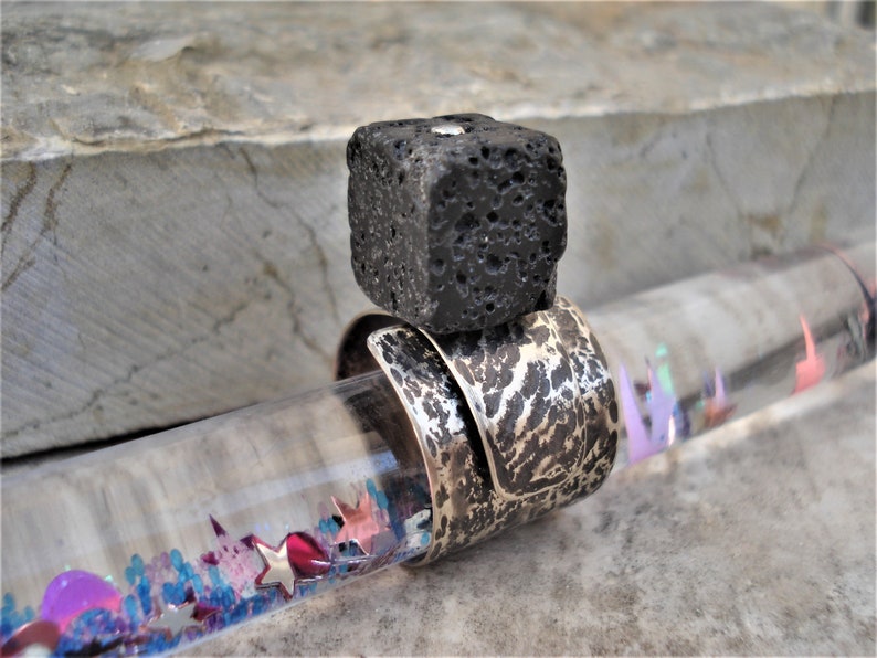 Santorini Lava Stone Riveted Ring Oxidized Hammered Silver | Etsy