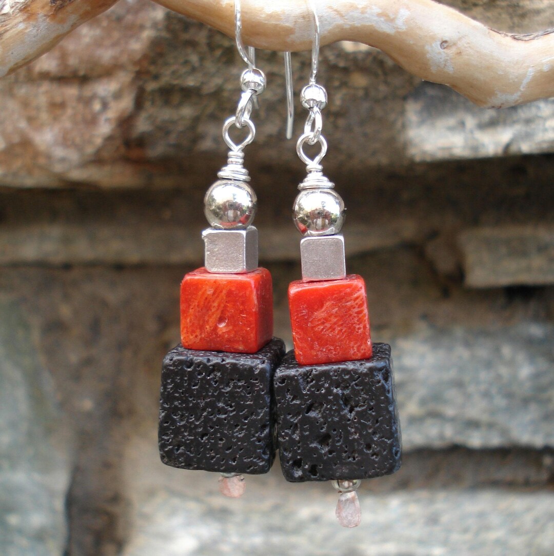 Santorini Black Lava and Coral Earrings Sterling Silver Earrings ...