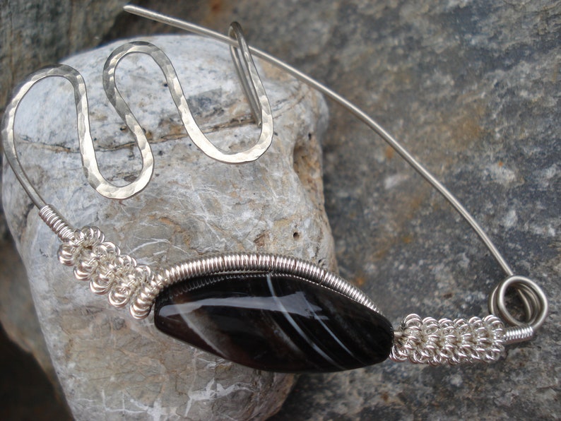 Shawl Pin Hammered Silver Wire Big Pin Black Agate Scarf | Etsy