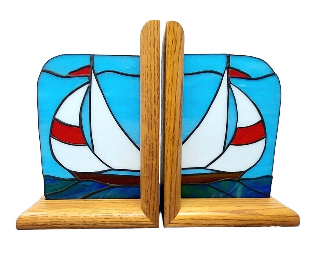 NAUTICAL SAILB0AT BOOKENDS Stained Glass Artisan Made Shelf Desk Décor ...