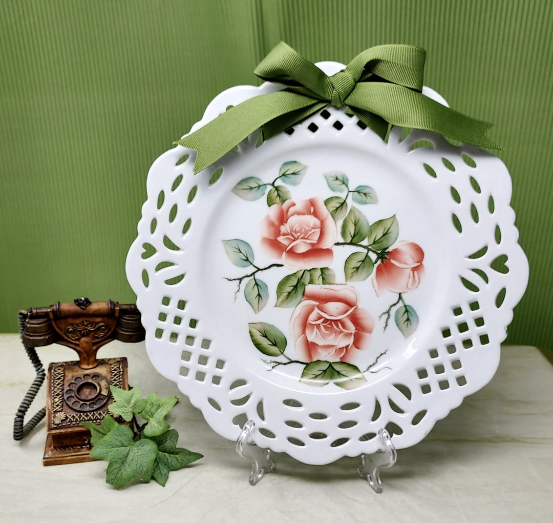 VINTAGE PORCELAIN PLATE: 'beauty Rose' Decorative Lattice Rim Display ...