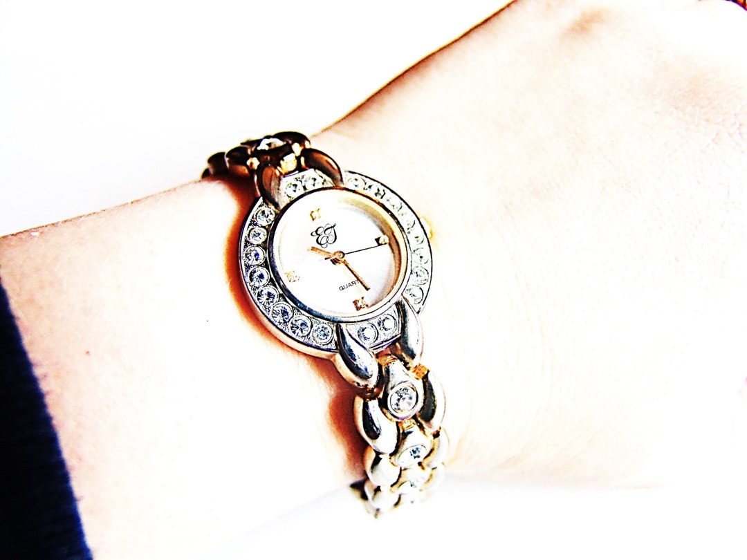 Round Rhinestone EJ Quartz Watch Vintage/estate Item Silver Stainless ...