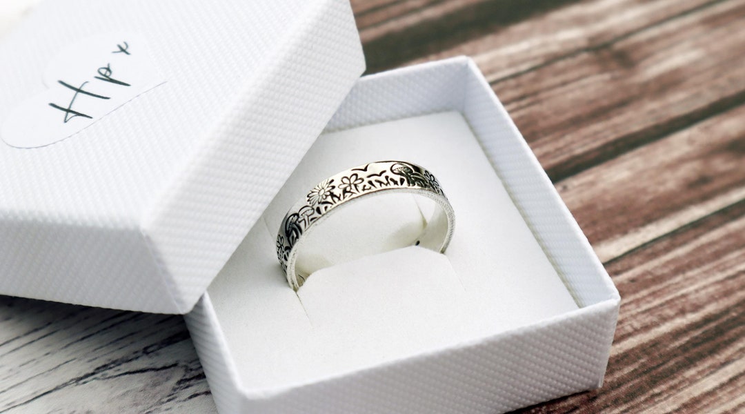 Hand Stamped - Sterling Silver Ring - Meadow & Toadstools - Adjustable ...