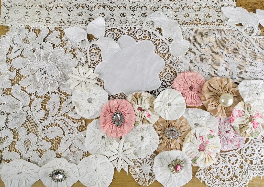 Vintage Project Pack, Suffolk Puff Quilt Pieces, Lace Odd Bits, Doily ...