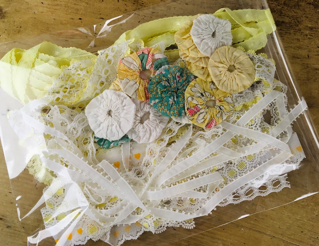 Collection of Ribbons and Yo Yos, Suffolk Puff Pieces for Crafts ...