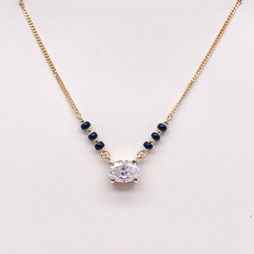 18ct Yellow Gold Lab Grown Oval Diamond 1.00ct Black Beads Mangalsutra ...