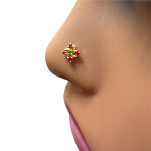 22ct Yellow Gold Natural Ruby & Emerald Nose Stud/nose Pin/nose ...