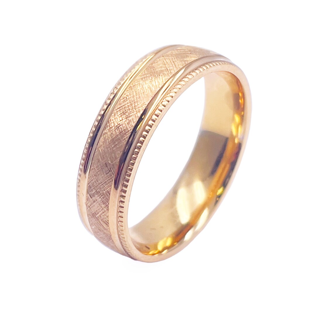 18ct Yellow Gold Mens Wedding 6mm Band Matt Middle and Groves Milgrain ...
