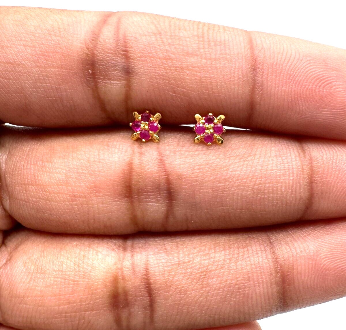22ct Yellow Gold Childrens Four Stone Natural Ruby Tiny Stud Earrings
