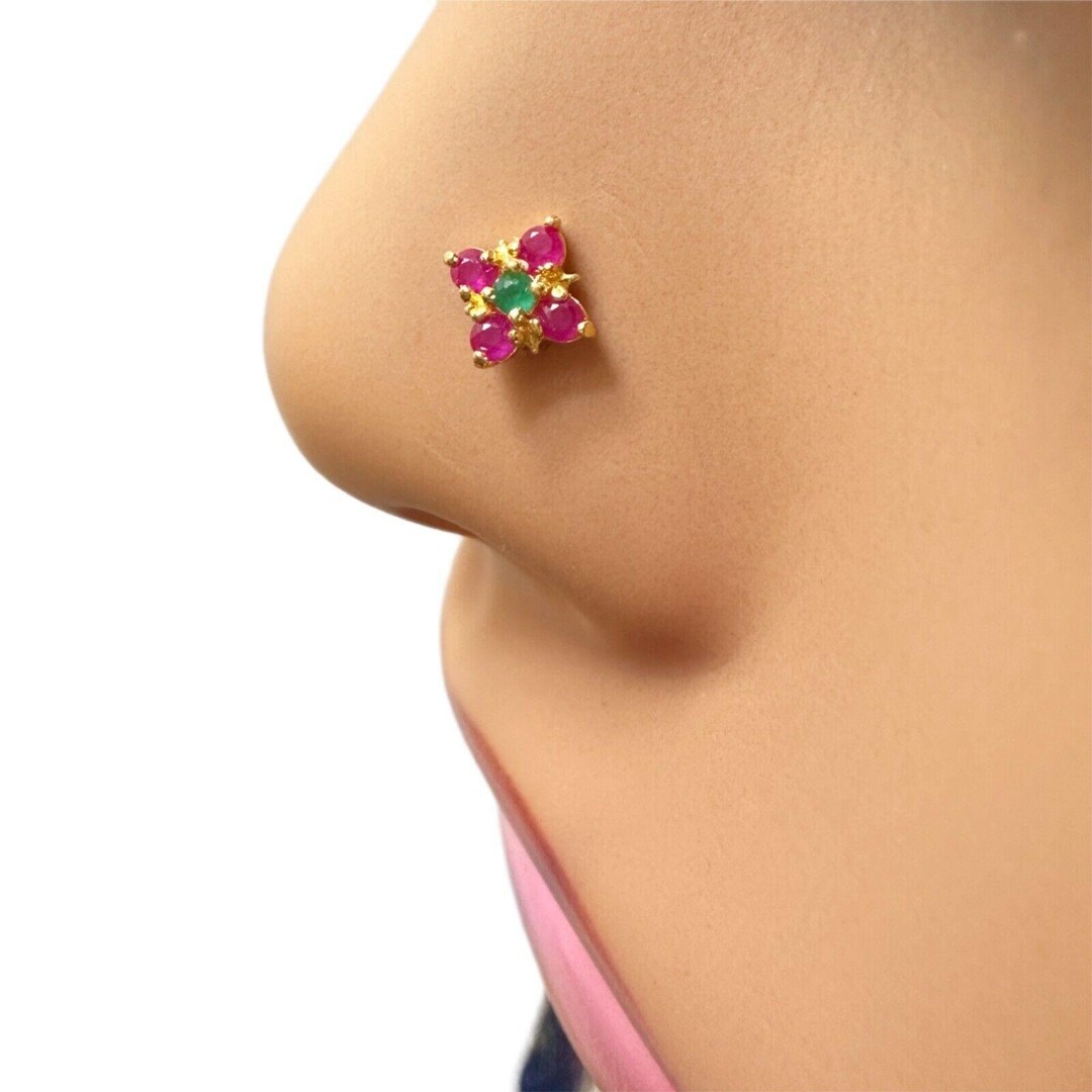 22ct Yellow Gold 4 Stone Ruby &emerald Nose Stud/nose Pin/nose ...