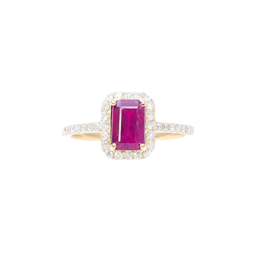 14ct Yellow Gold 4-claw Natural Emerald Cut Ruby & Round Diamond Ring 1 ...