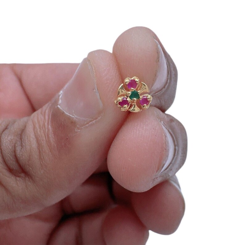 22ct Yellow Gold Three Stone Ruby & Emerald Nose Stud/nose Pin/nose ...