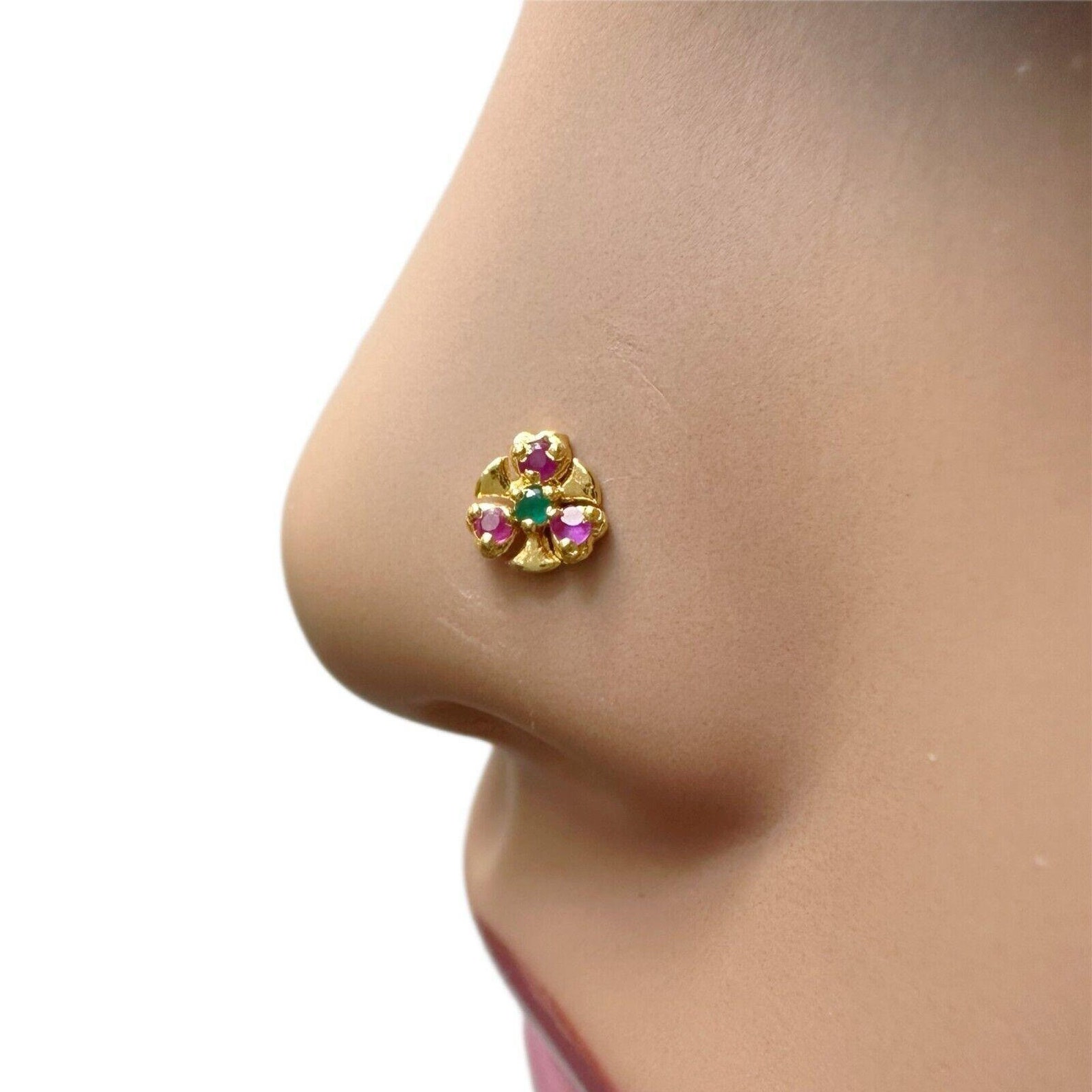 22ct Yellow Gold Three Stone Ruby & Emerald Nose Stud/nose Pin/nose ...