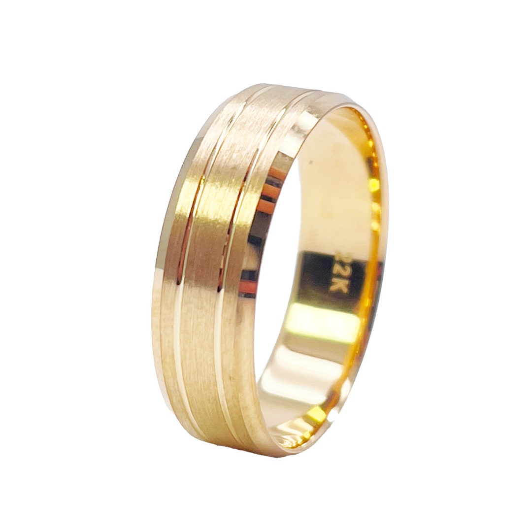 22ct Yellow Gold Matte Finish Double Groove & Bevelled Mens Wedding ...