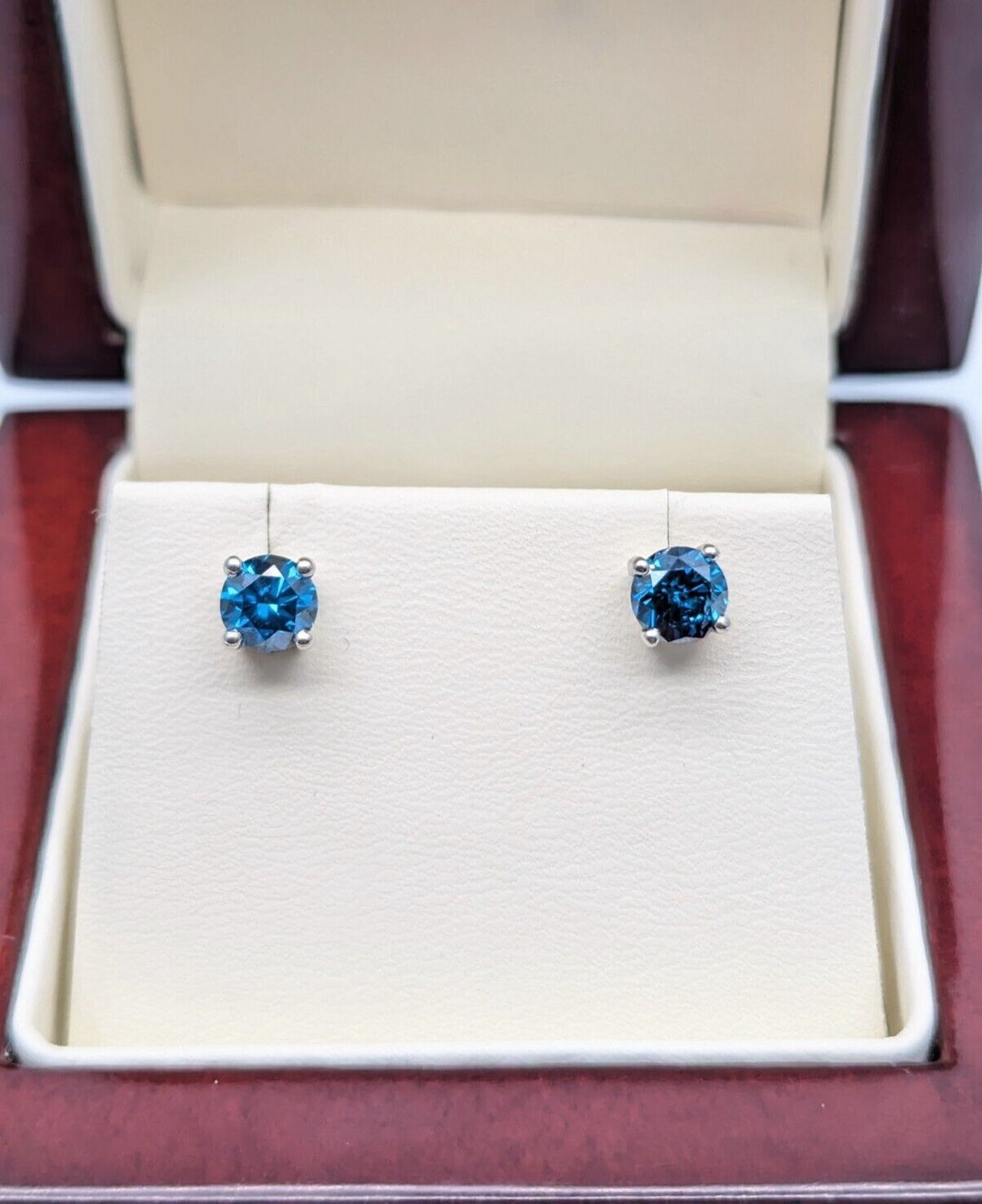 18ct White Gold Teal Blue Diamond 4 Claw Ear Stud Earrings 1.60 Carats, Blue Diamond Ear Studs ...