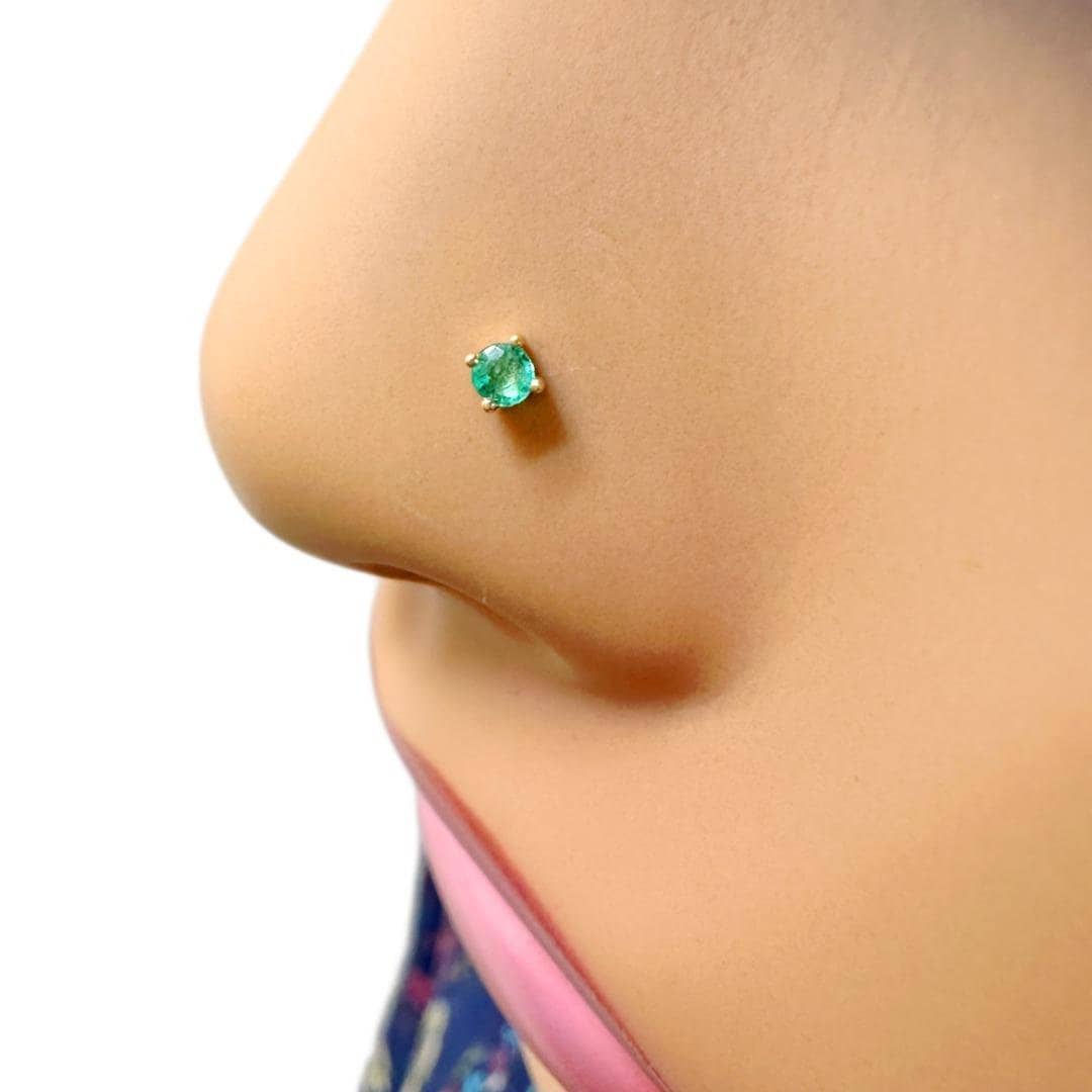18ct Yellow Gold & Green Emerald Nose Stud / Nose Pin 0.05 Carats 4 ...